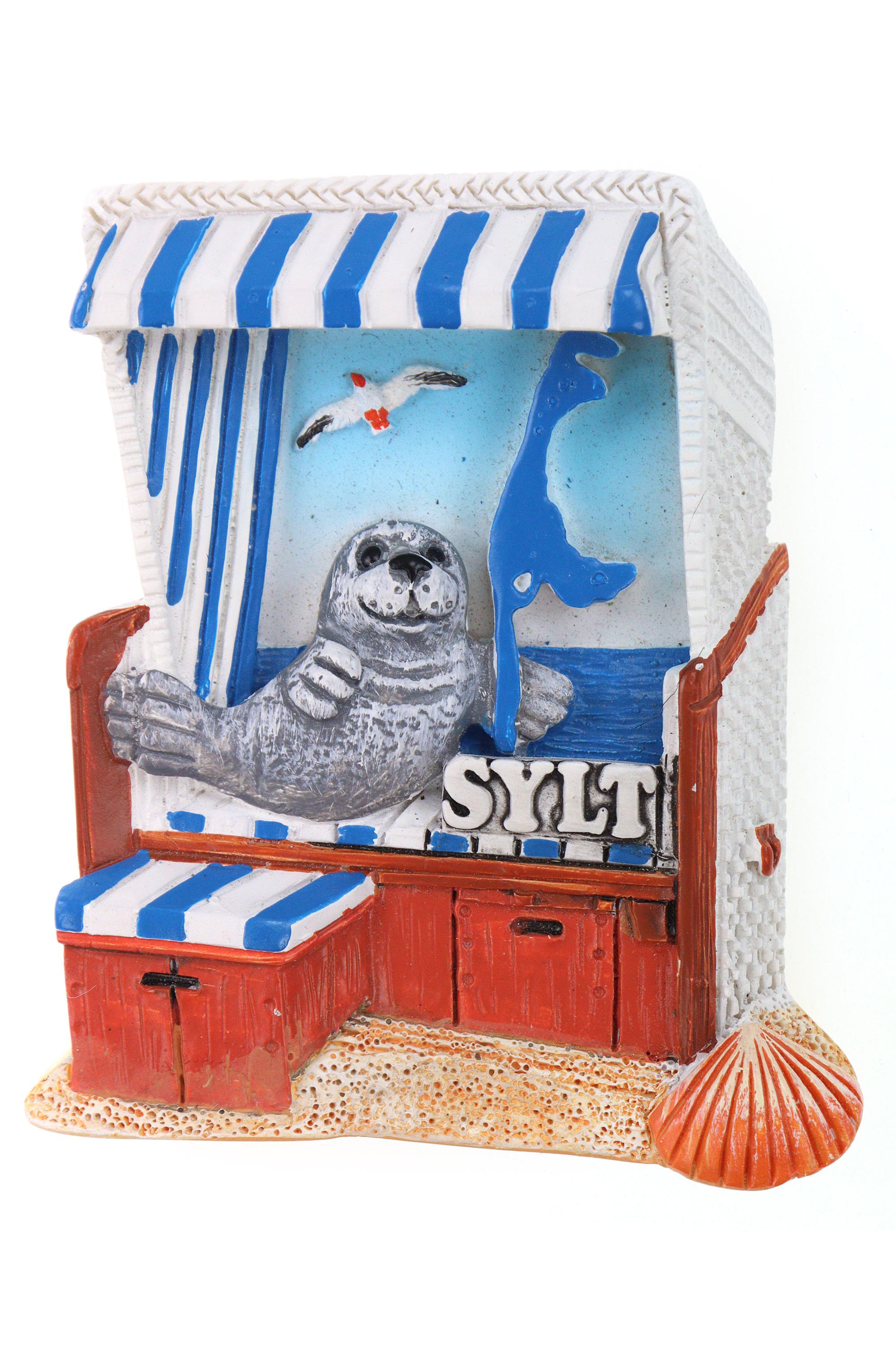 K100370 Magnet Strandkorb "Sylt" Robbe, Seehund, Inselumriss, H.: 6cm ...