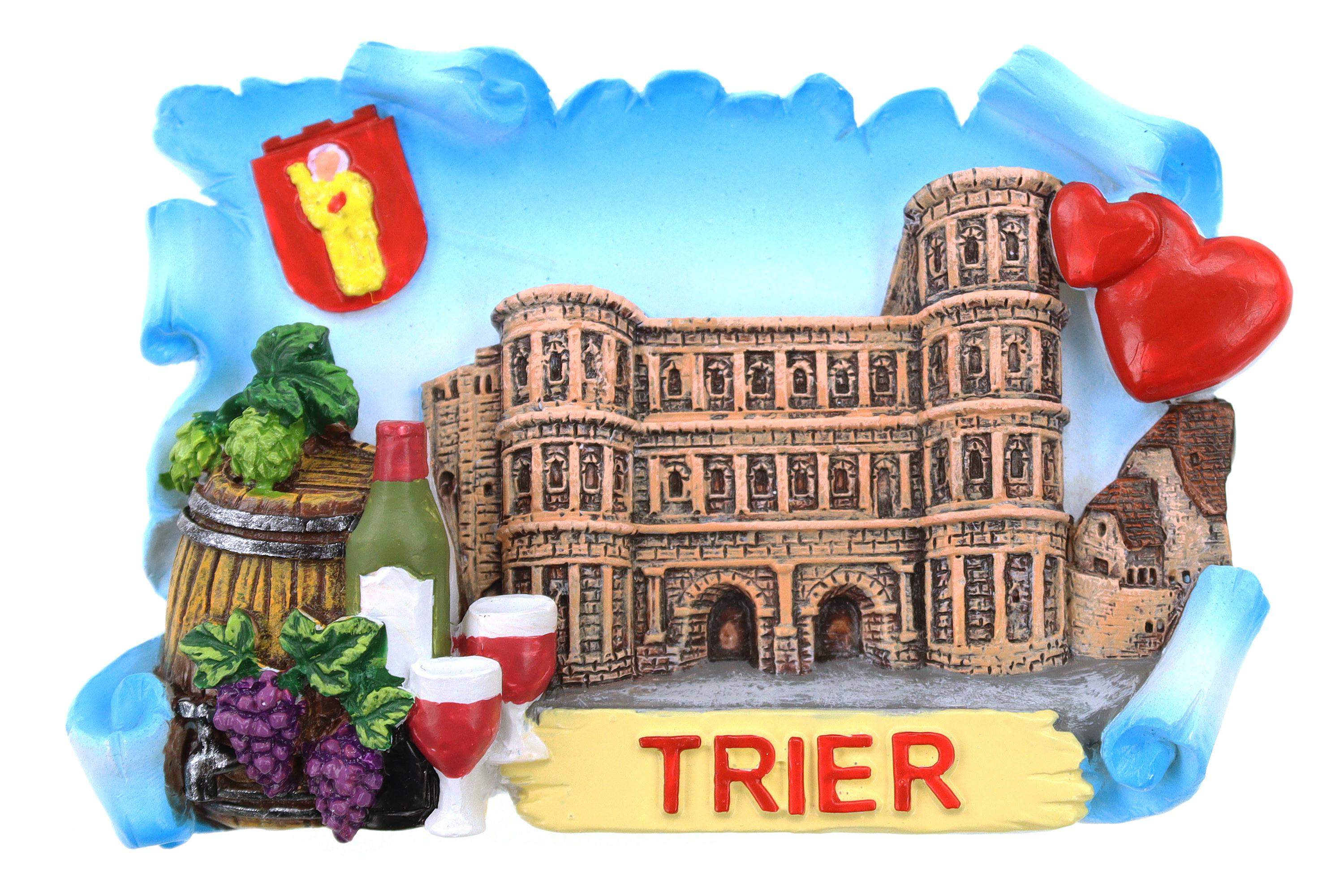 Premiummagnet "Trier", Wappen, Weinfass, Herz, Trauben, Glas, Flasche ...