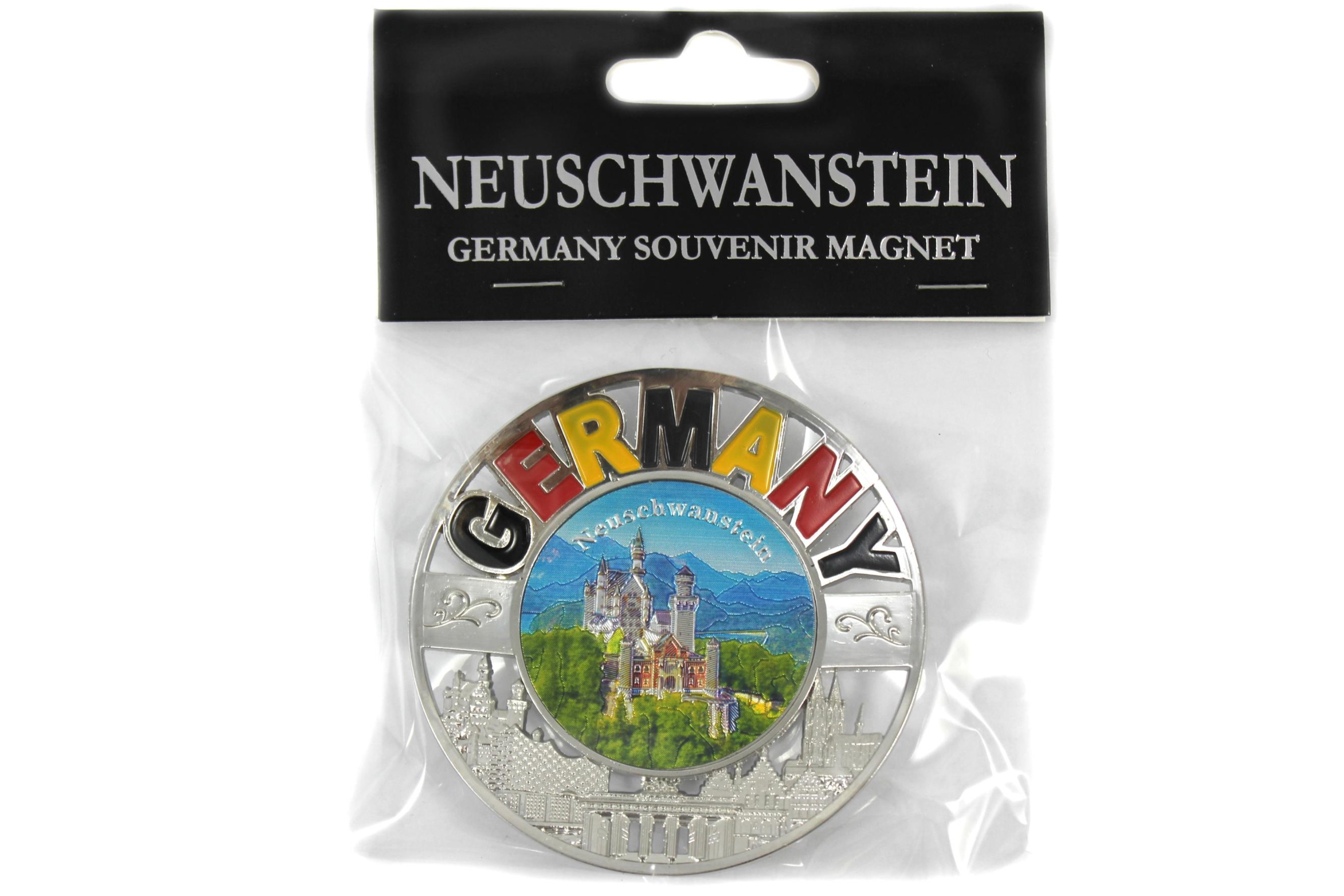 Runder Magnet "Germany - Neuschwanstein" silber geprägt und glitzernd ...