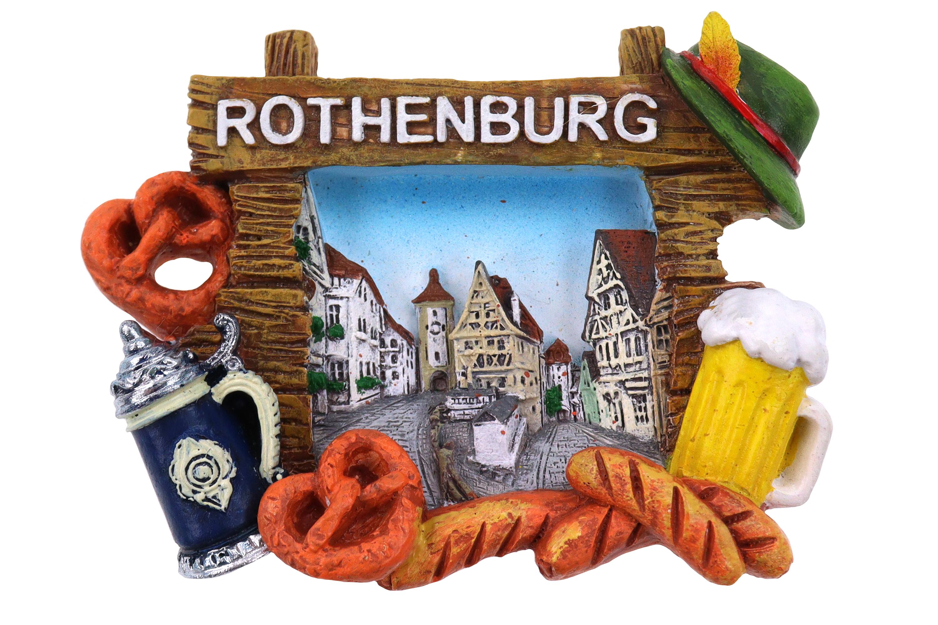 Magnet Holzrahmen "Rothenburg", Hut, Bierglas, Brezel, Brot, 7,5*5,5 cm ...