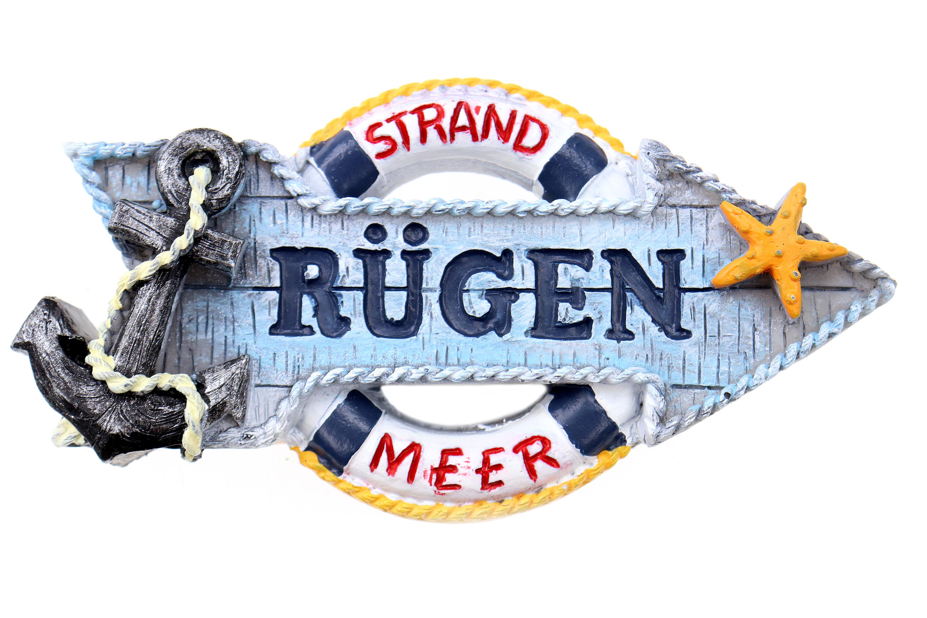Magnet blauer Pfeil "Rügen" mit Rettungsring, 8,5cm | Magnete | Rügen ...