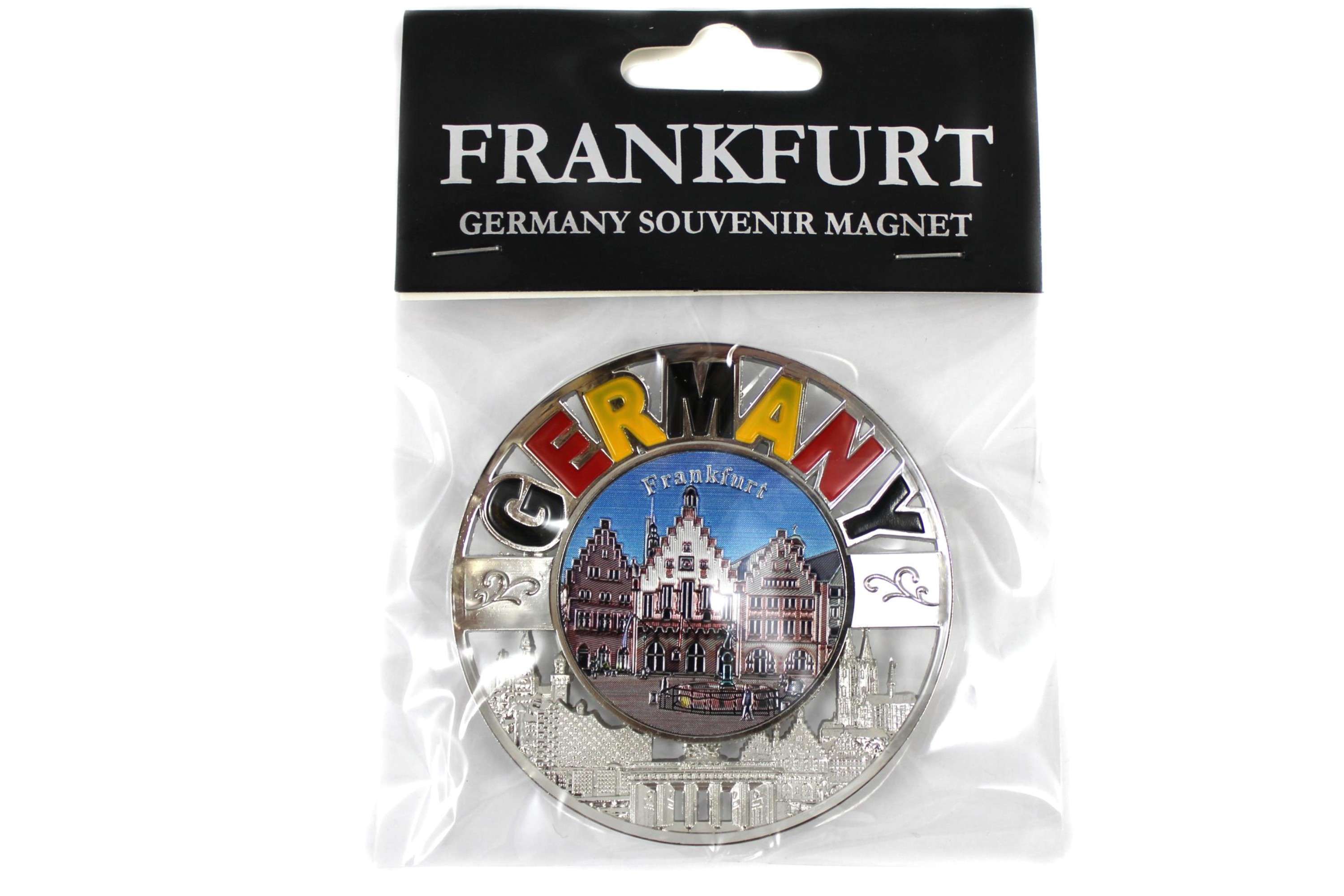 Runder Magnet "Germany - Frankfurt" silber geprägt und glitzernd, 6,5cm ...