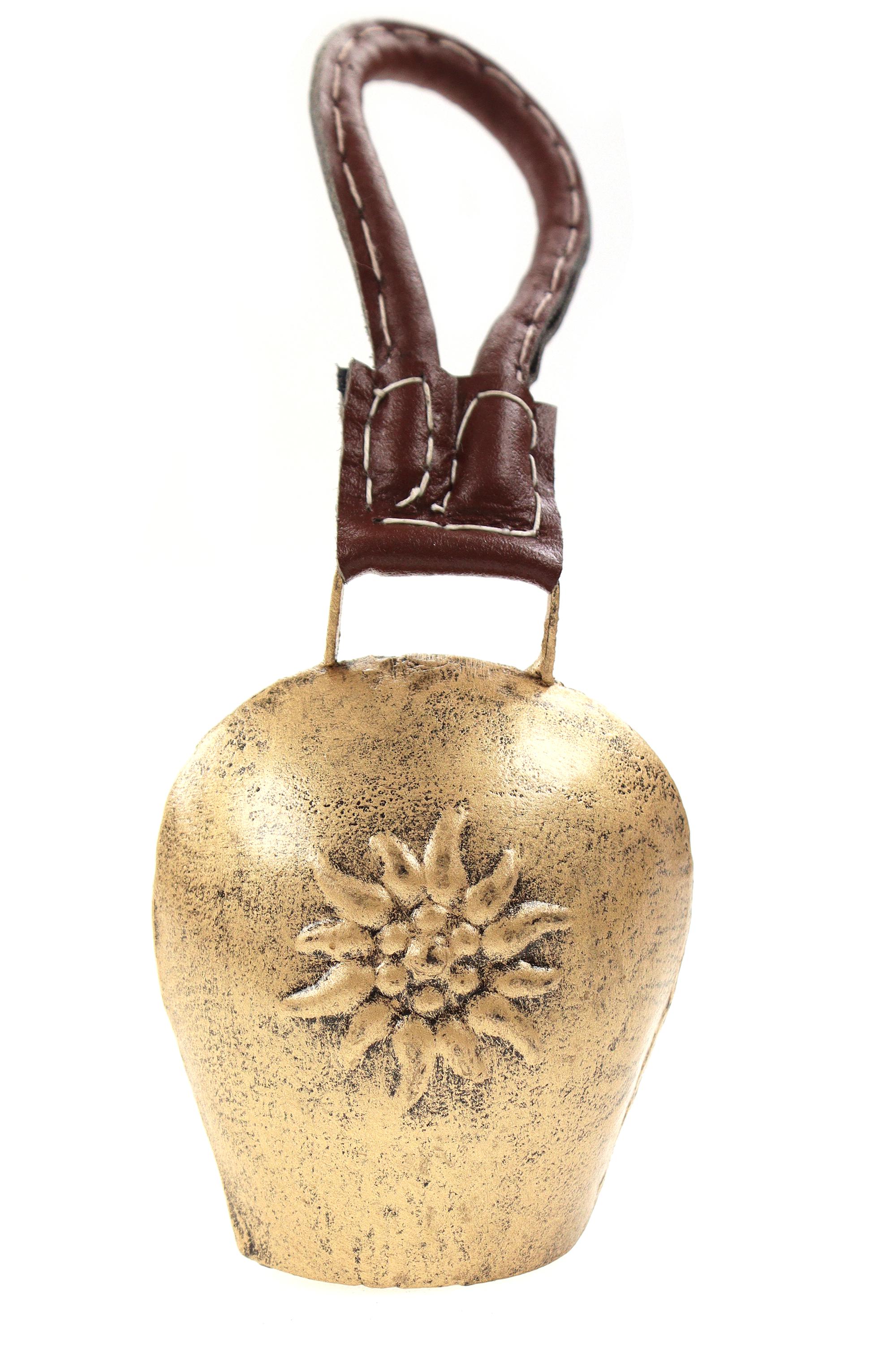 Glocke 8cm, antik gold, Edelweiß Prägung, mit Lederriemen 21cm ...
